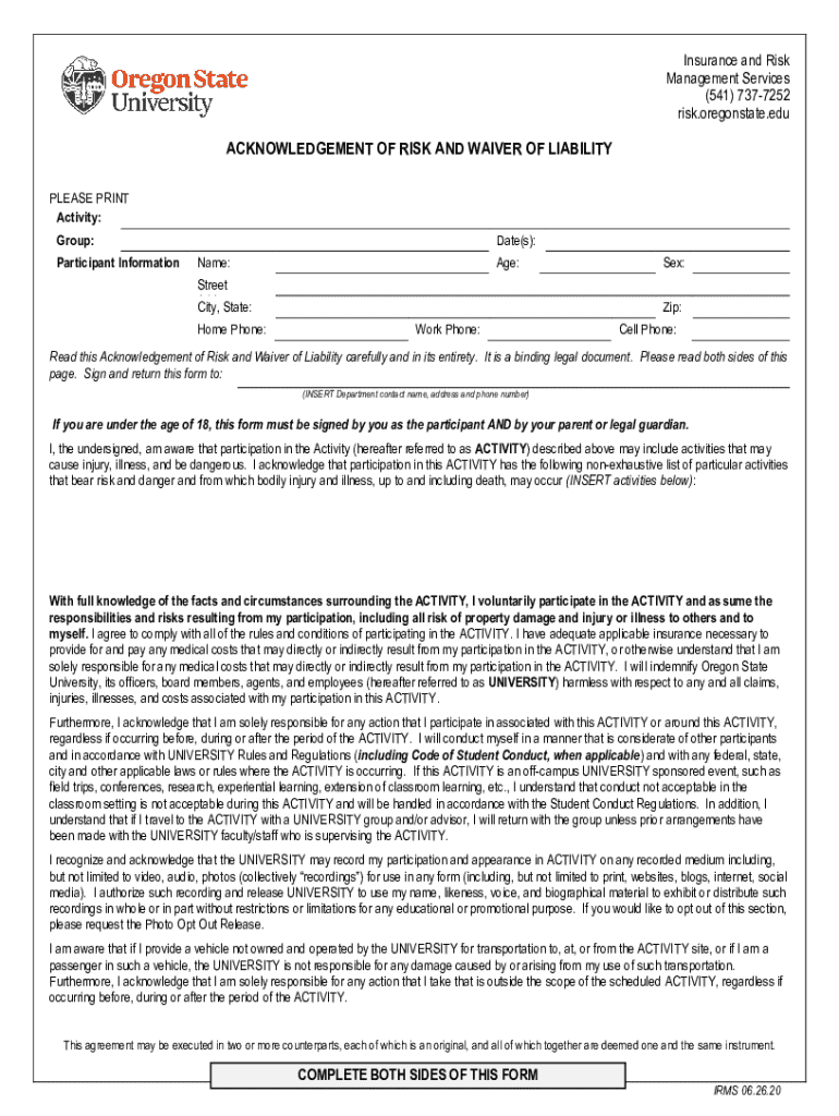 Fillable Online Acknowledgement of Risk and Waiver of Liability Fax ...
