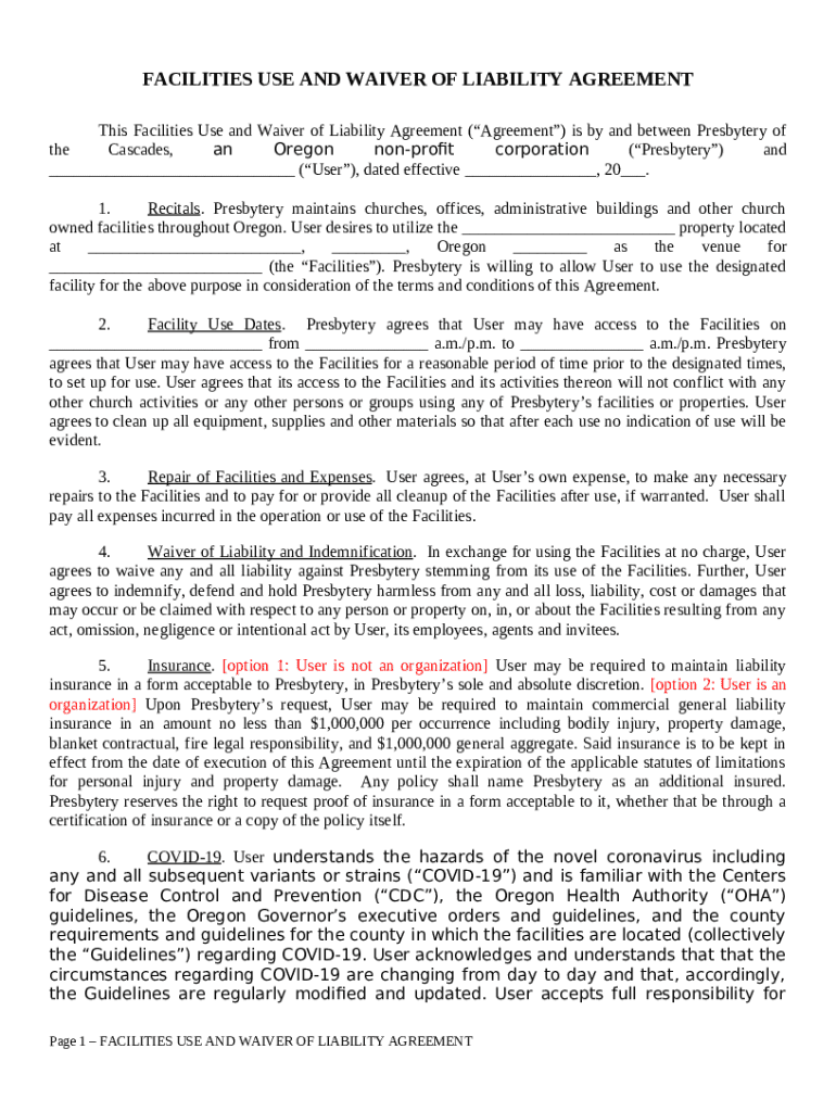 Facilities Use and Waiver of Liability Agreement Doc Template | pdfFiller