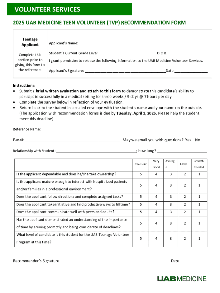 Fillable Online Teen Volunteer Recommendation Form Fax Email Print ...