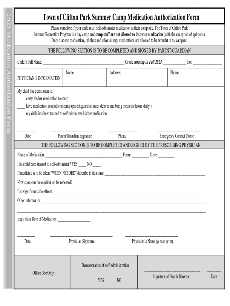 Fillable Online Town of Clifton Park Summer Camp Medication ...