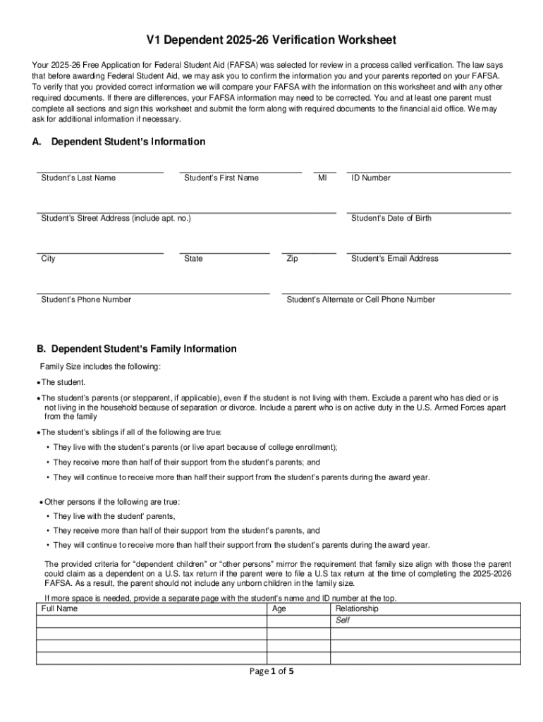 Fillable Online Dependent Verification Worksheet for Fafsa Fax Email Print - pdfFiller