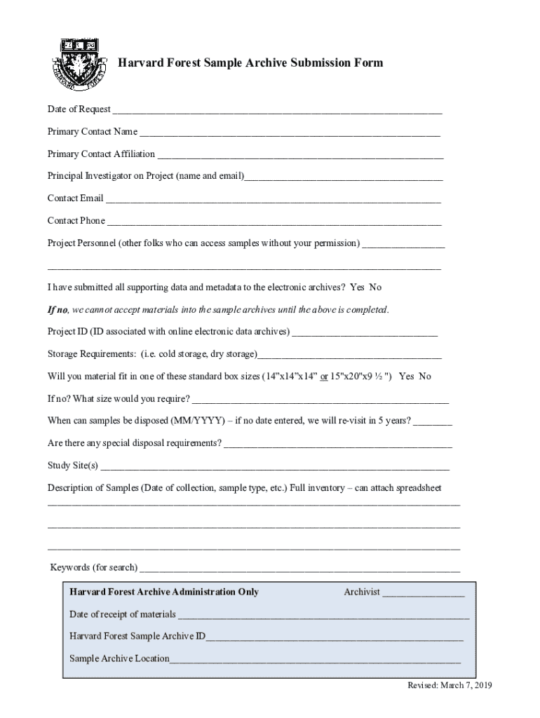 Fillable Online Harvard Forest Sample Archive Submission Fax Email ...