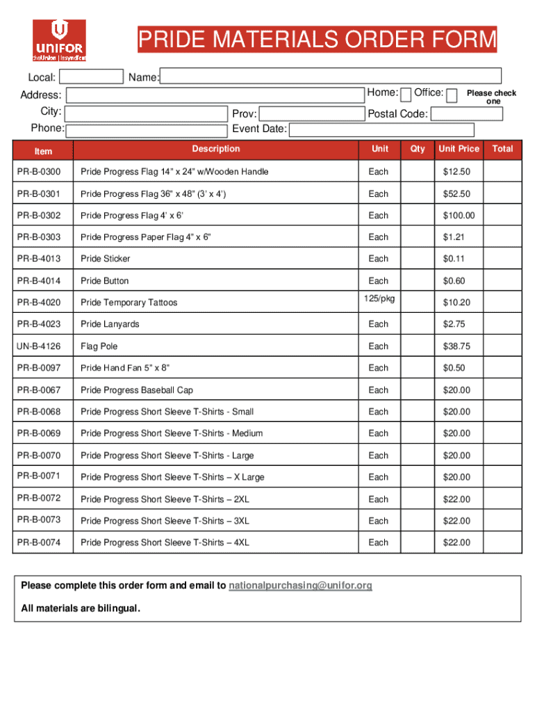 Fillable Online Pride Materials Order Form Fax Email Print - pdfFiller