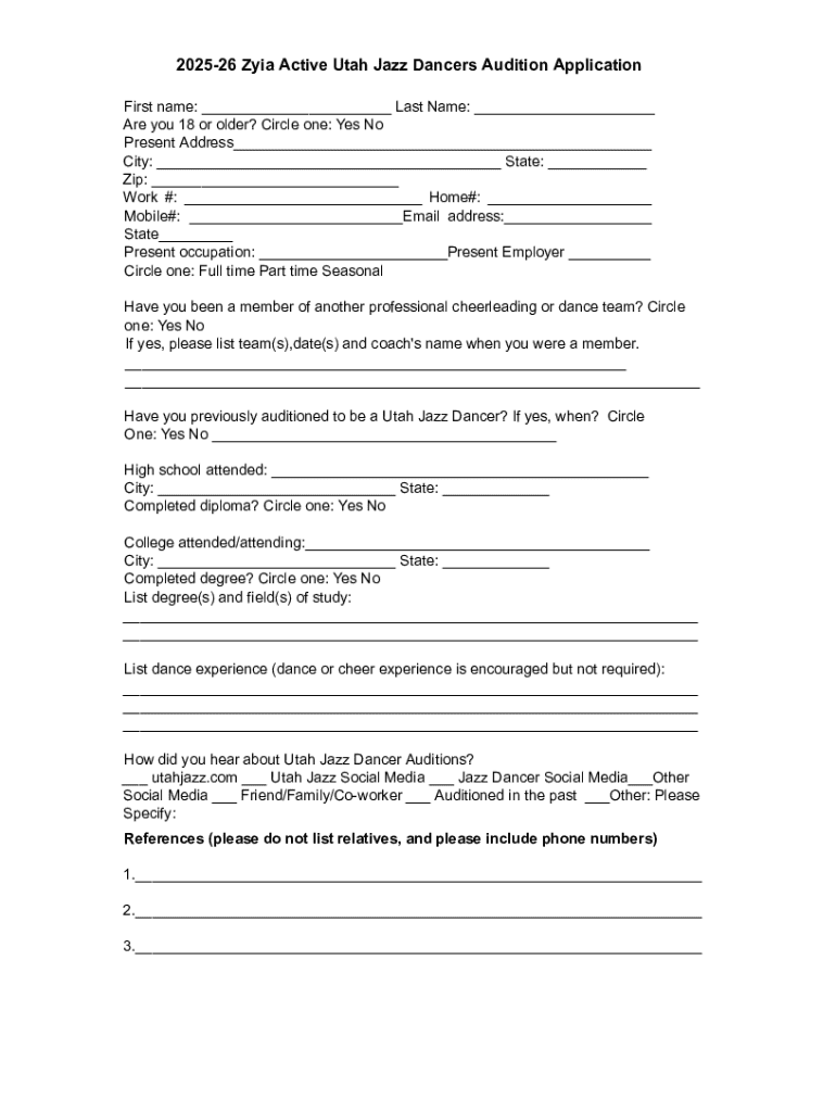 Fillable Online Utah Jazz Dancers Audition Application Fax Email Print - pdfFiller