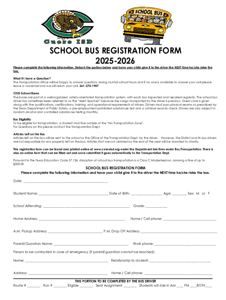 Fillable Online School Bus Registration Form 2025-2026 Fax Email Print ...