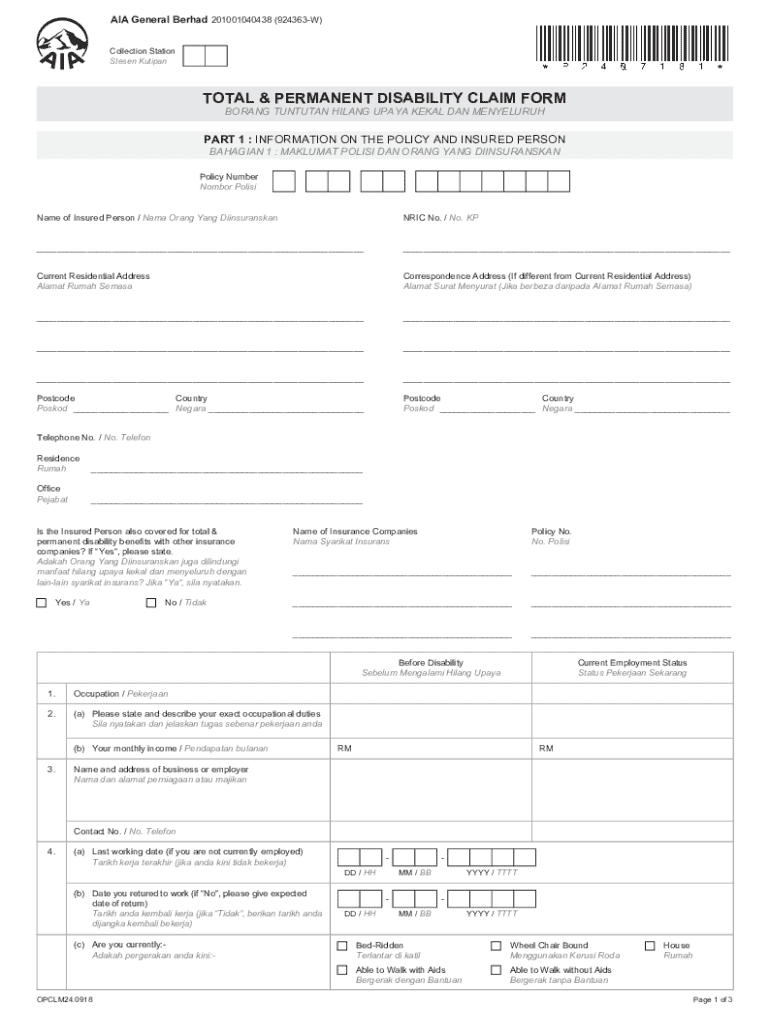 Fillable Online Borang Tuntutan Hilang Upaya Kekal Dan Menyeluruh Fax Email Print - pdfFiller