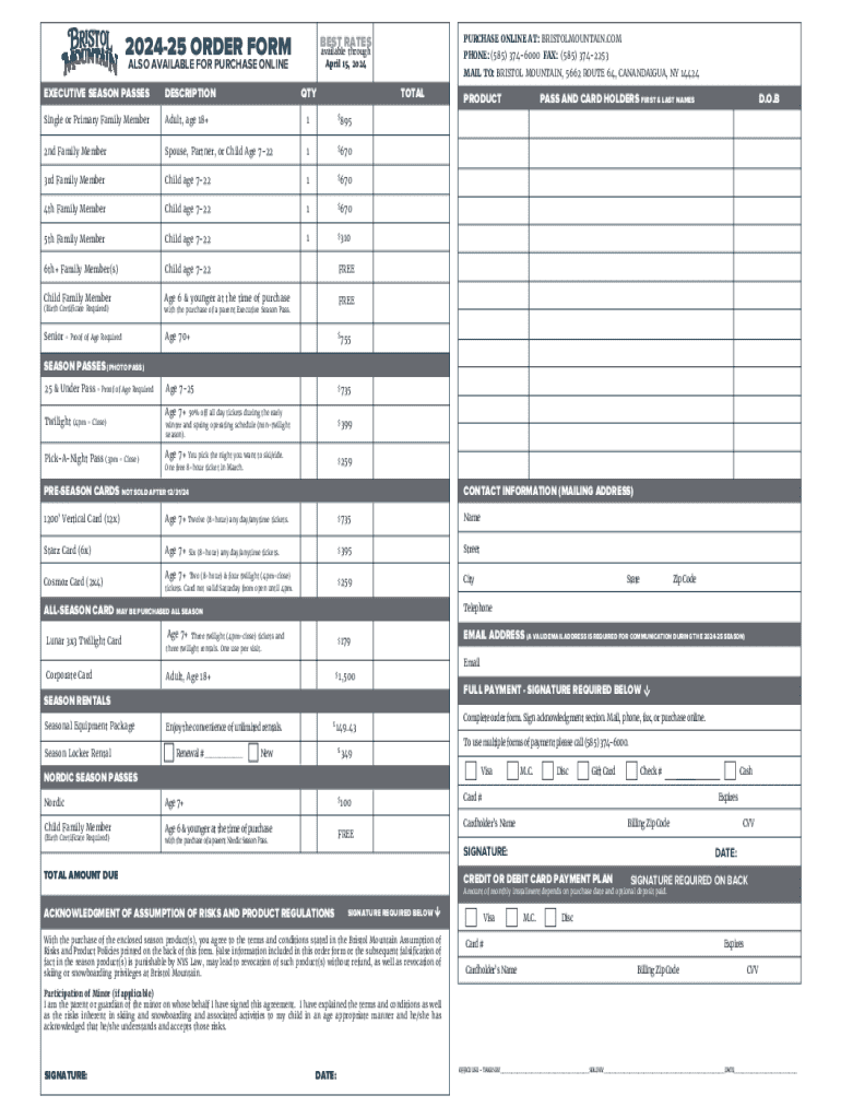 Fillable Online 2024-25 Order Form for Season Passes and Rentals Fax ...