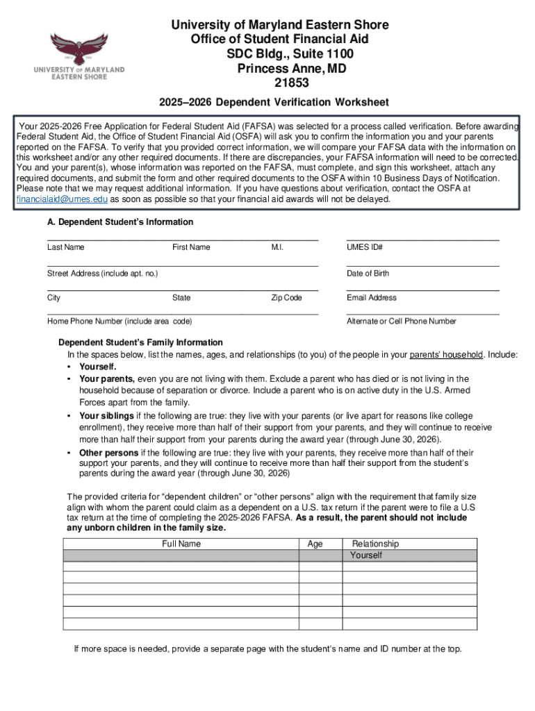 Fillable Online Dependent Verification Worksheet Fax Email Print - pdfFiller