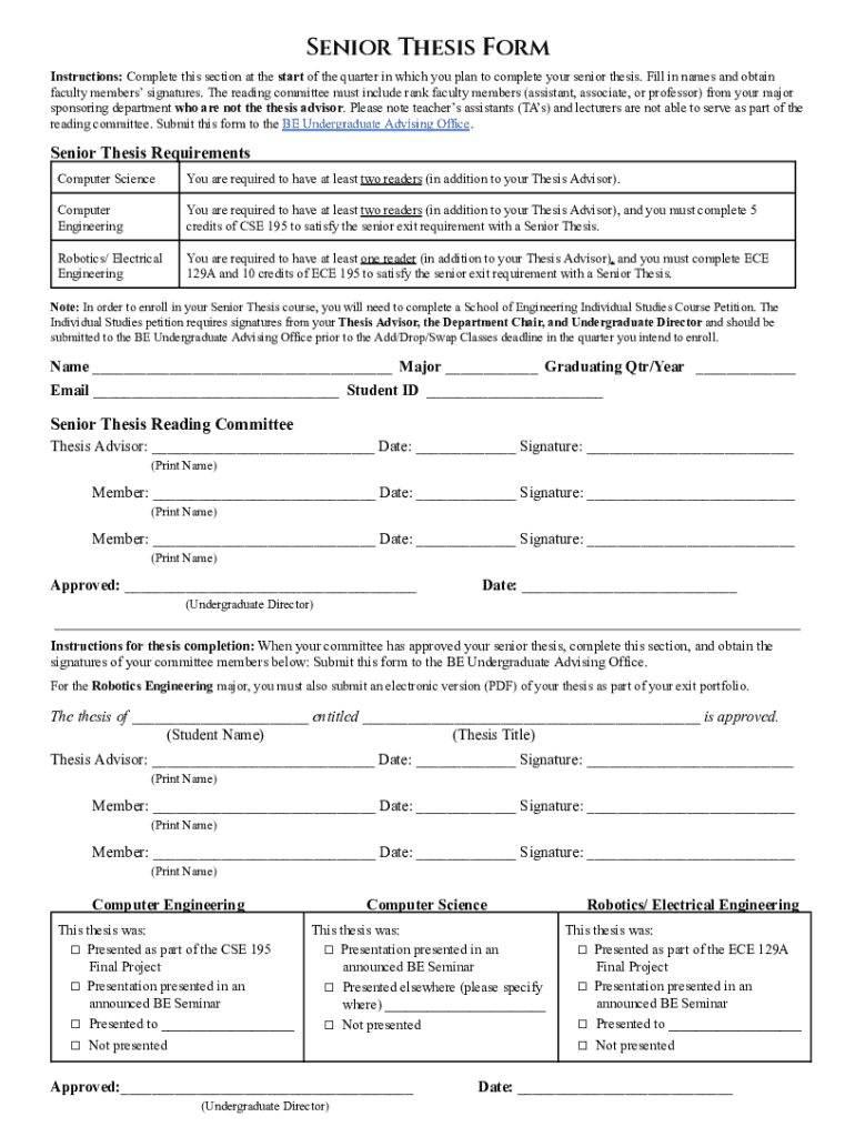 Fillable Online Senior Thesis Form Fax Email Print - pdfFiller