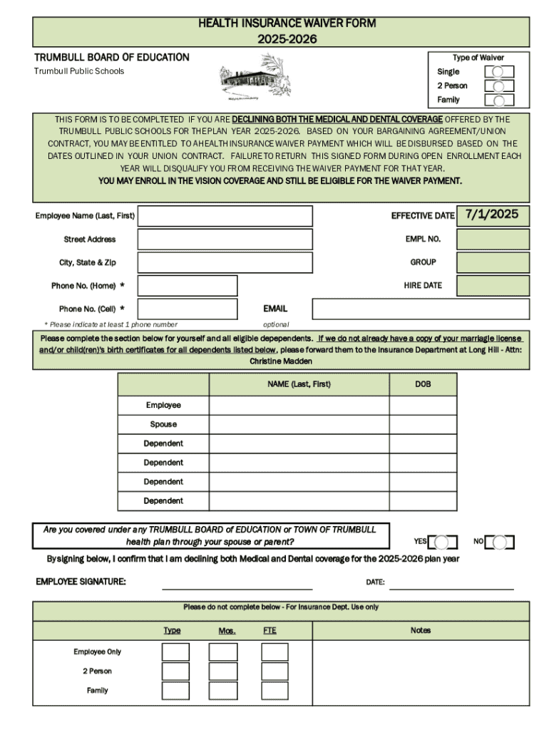Fillable Online Health Insurance Waiver Form 2025-2026 Fax Email Print ...