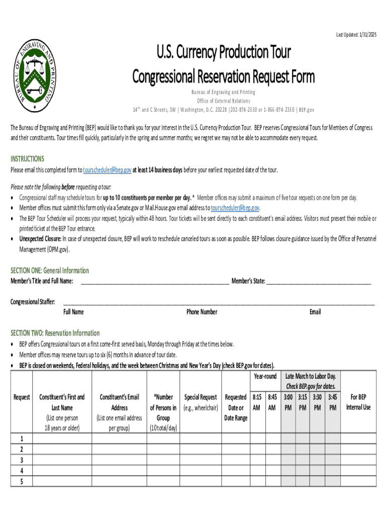 Fillable Online U.s. Currency Production Tour Congressional Reservation ...