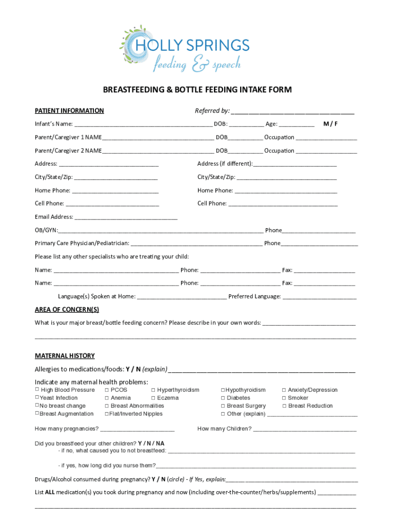 Fillable Online breastfeeding & bottle feeding intake form Fax Email ...