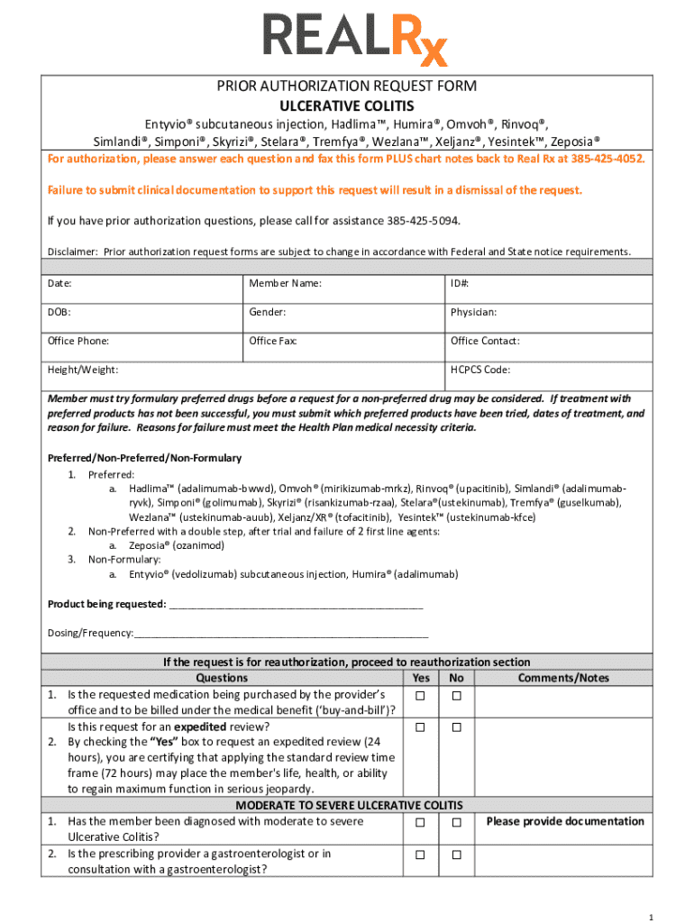 Fillable Online Prior Authorization Request Form for Ulcerative Colitis Fax Email Print - pdfFiller
