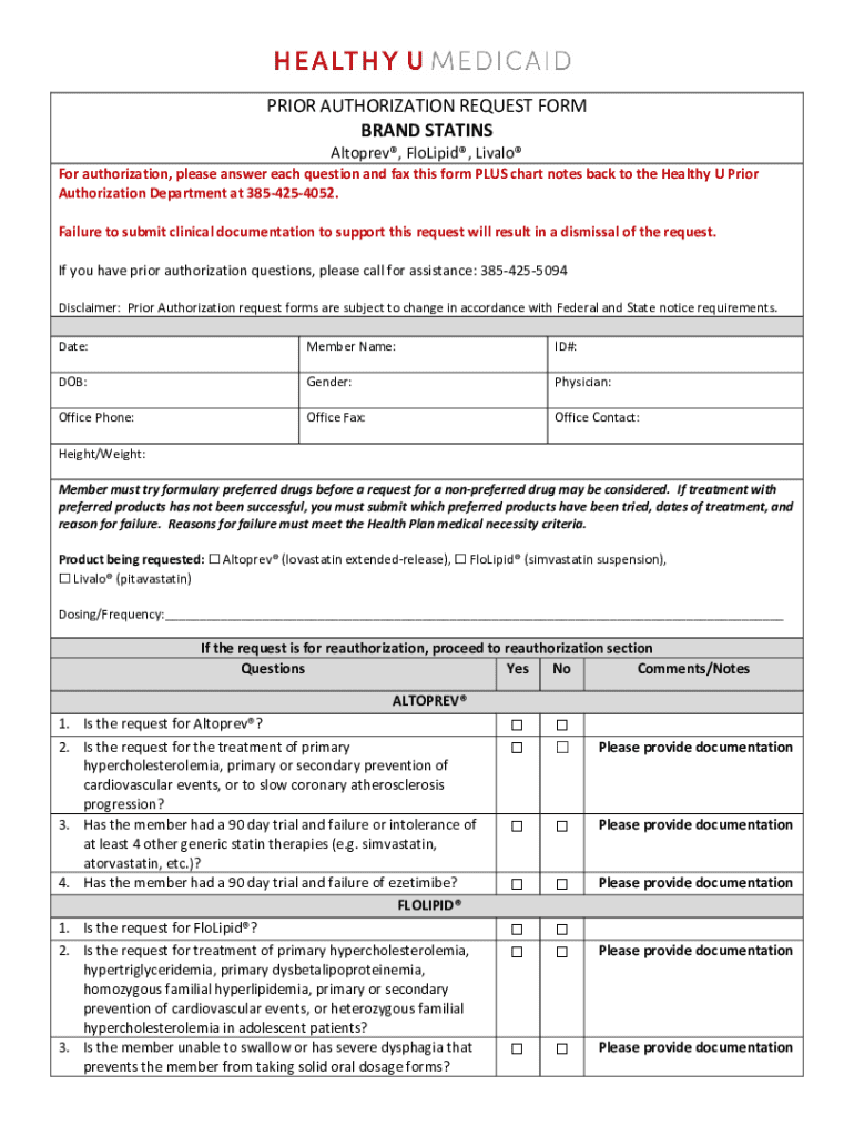 Fillable Online Brand Statins Prior Authorization Fax Email Print ...