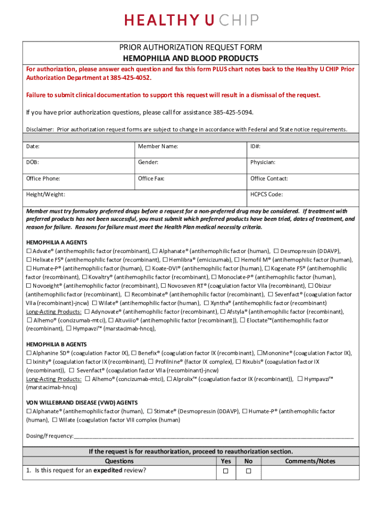 Fillable Online Hemophilia and Blood Products Authorization Fax Email ...