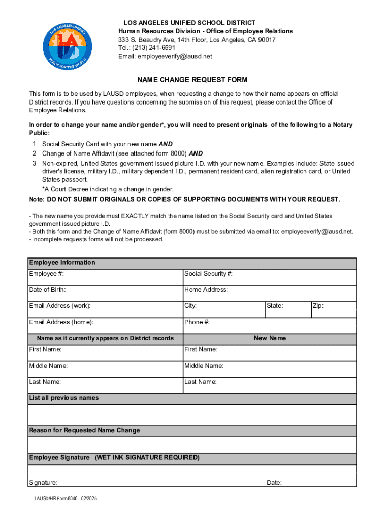 Fillable Online Los Angeles Unified School District Name Change Request Fax Email Print - pdfFiller
