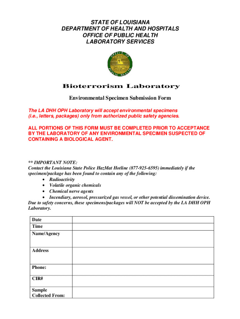 Fillable Online Environmental Specimen Submission Form Fax Email Print ...