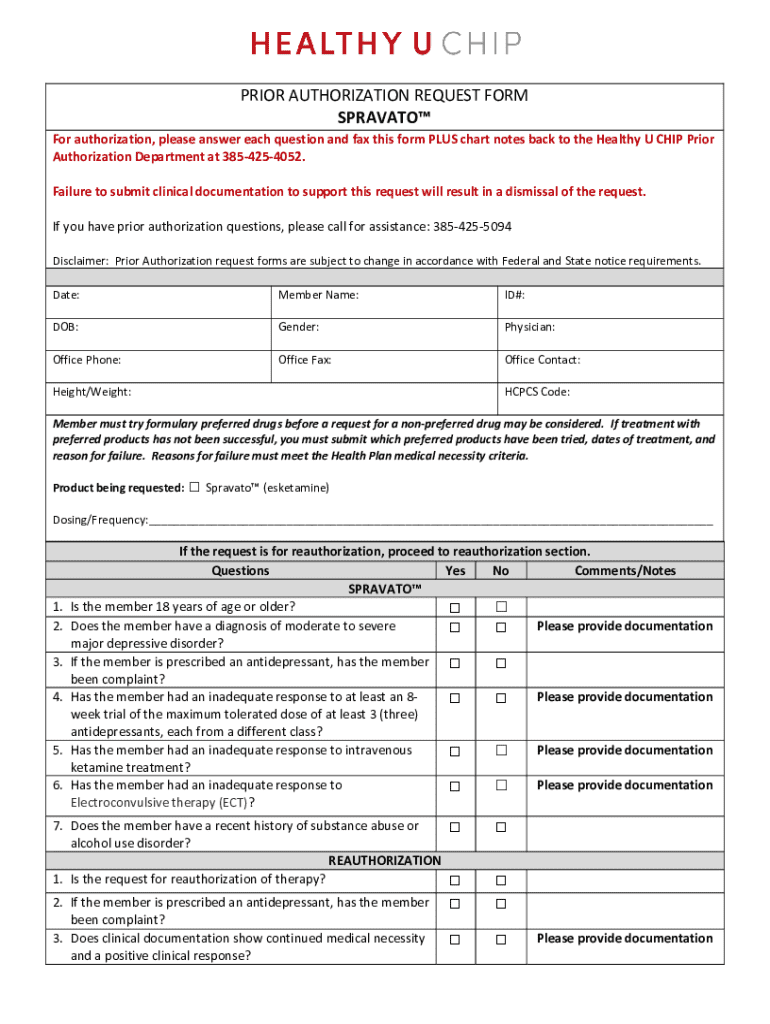 Fillable Online Spravato™ Prior Authorization Fax Email Print - pdfFiller