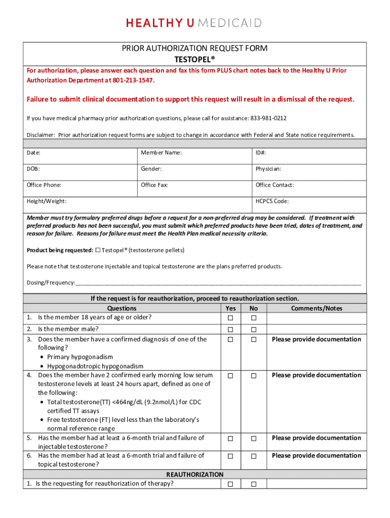 Fillable Online Testopel® Prior Authorization Request Fax Email Print ...