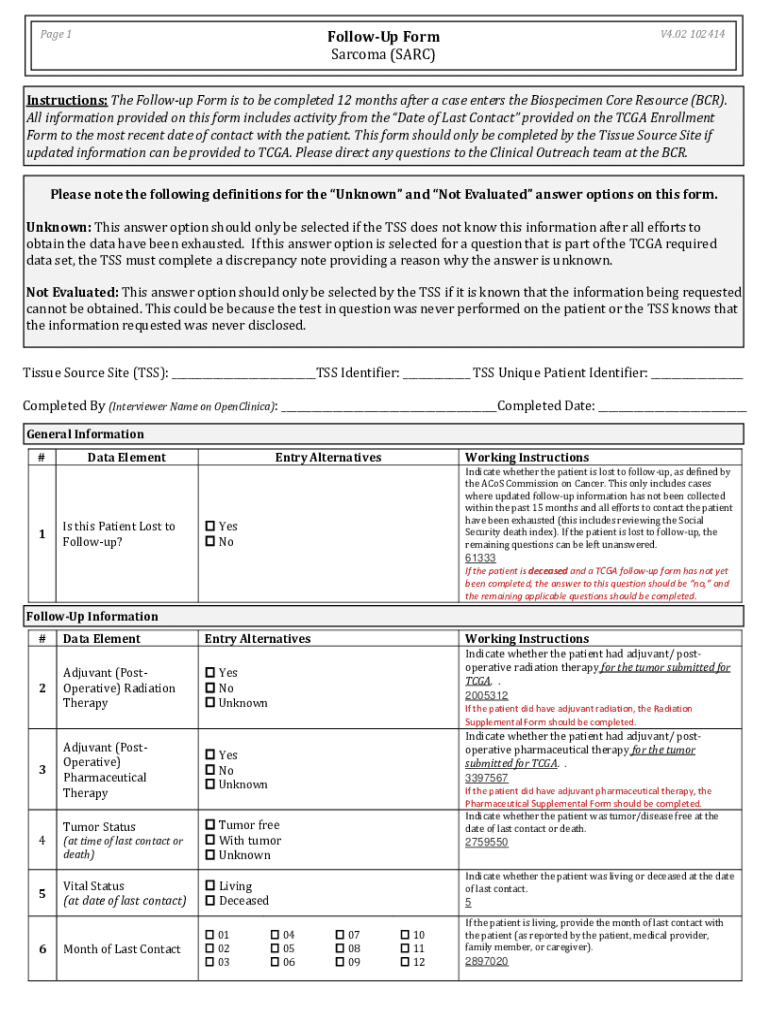 Fillable Online Follow-up Form Sarcoma (sarc) Fax Email Print - pdfFiller