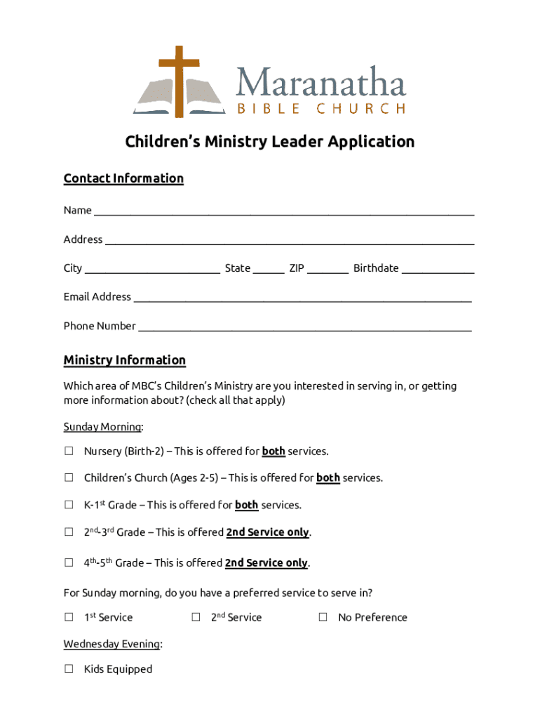 Fillable Online Children's Ministry Leader Application Fax Email Print ...