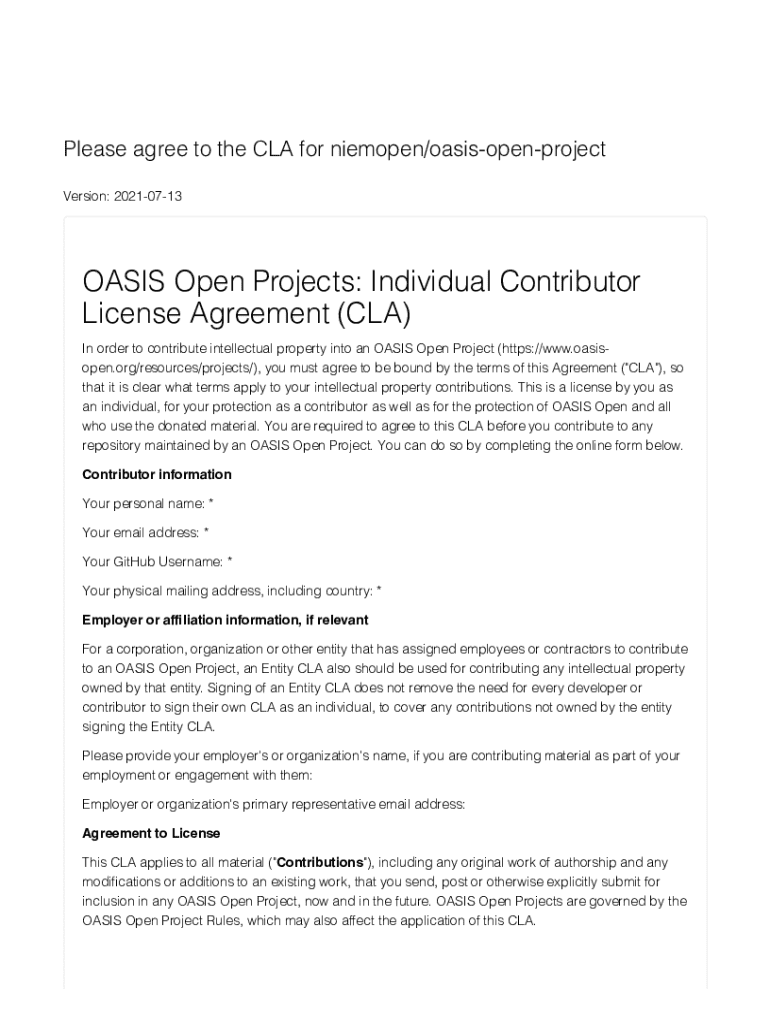 Fillable Online Oasis Open Projects: Individual Contributor License ...