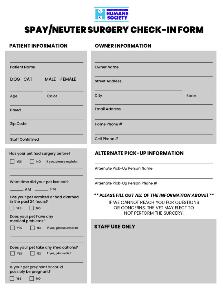 Fillable Online Spay/neuter Surgery Check-in Form Fax Email Print ...