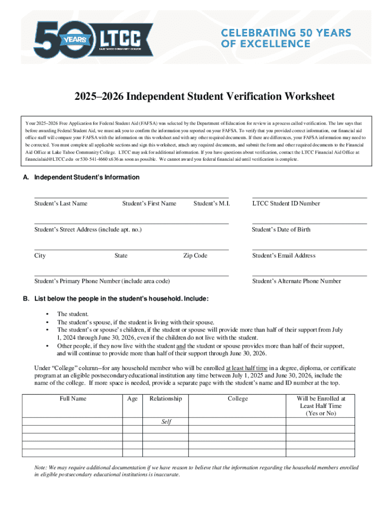 Fillable Online Independent Student Verification Worksheet for 2025-2026 Fax Email Print - pdfFiller