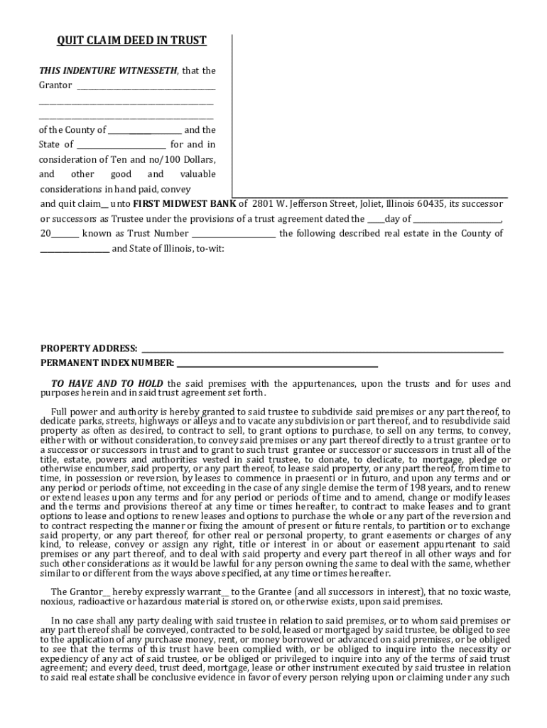 Fillable Online Quit Claim Deed in Trust Fax Email Print - pdfFiller