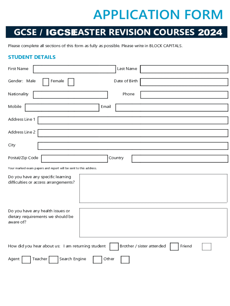 Fillable Online Gcse / Igcse Easter Revision Courses 2024 Fax Email Print - pdfFiller