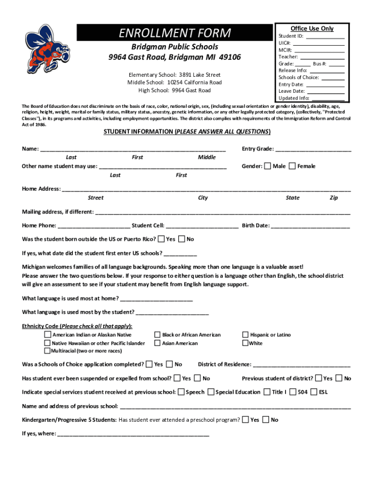 Fillable Online Enrollment Form for Bridgman Public Schools Fax Email Print - pdfFiller