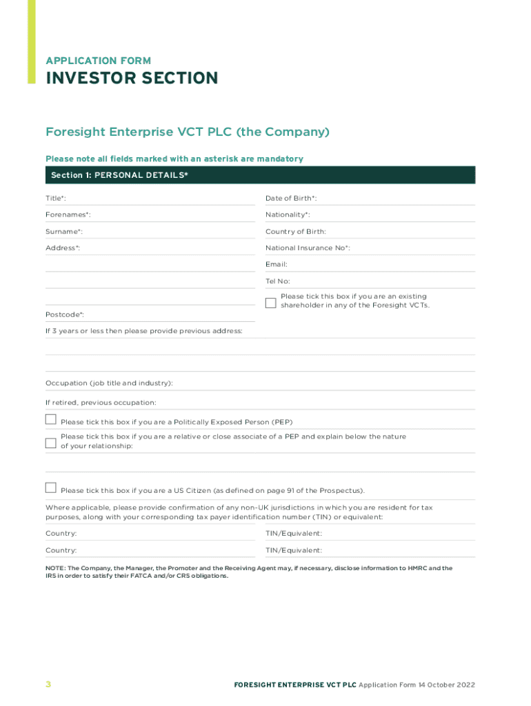 Fillable Online Foresight Enterprise Vct Plc Offer for Subscription Fax ...