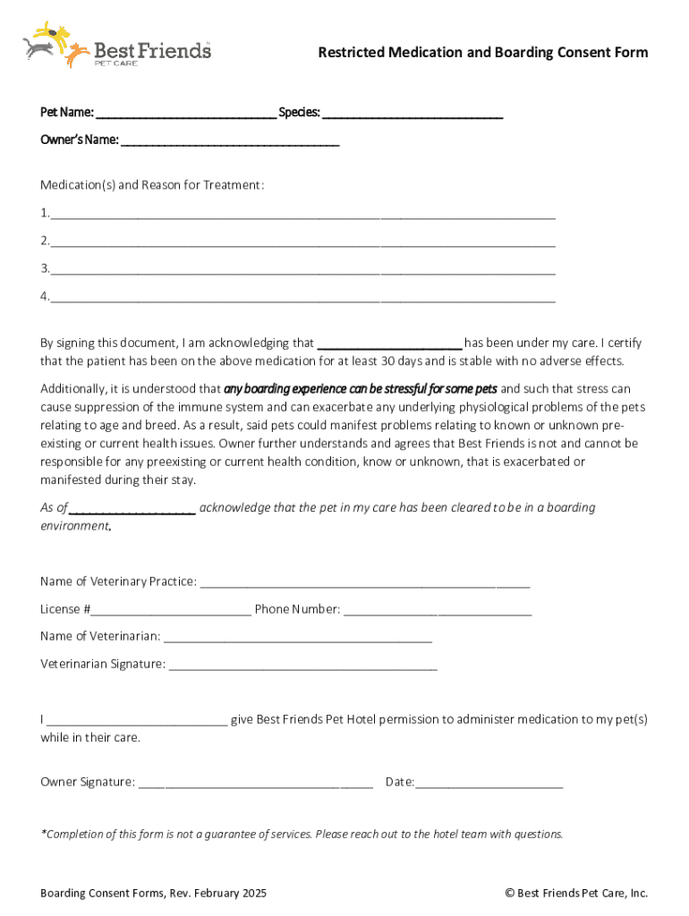Fillable Online Restricted Medication and Boarding Consent Form Fax Email Print - pdfFiller