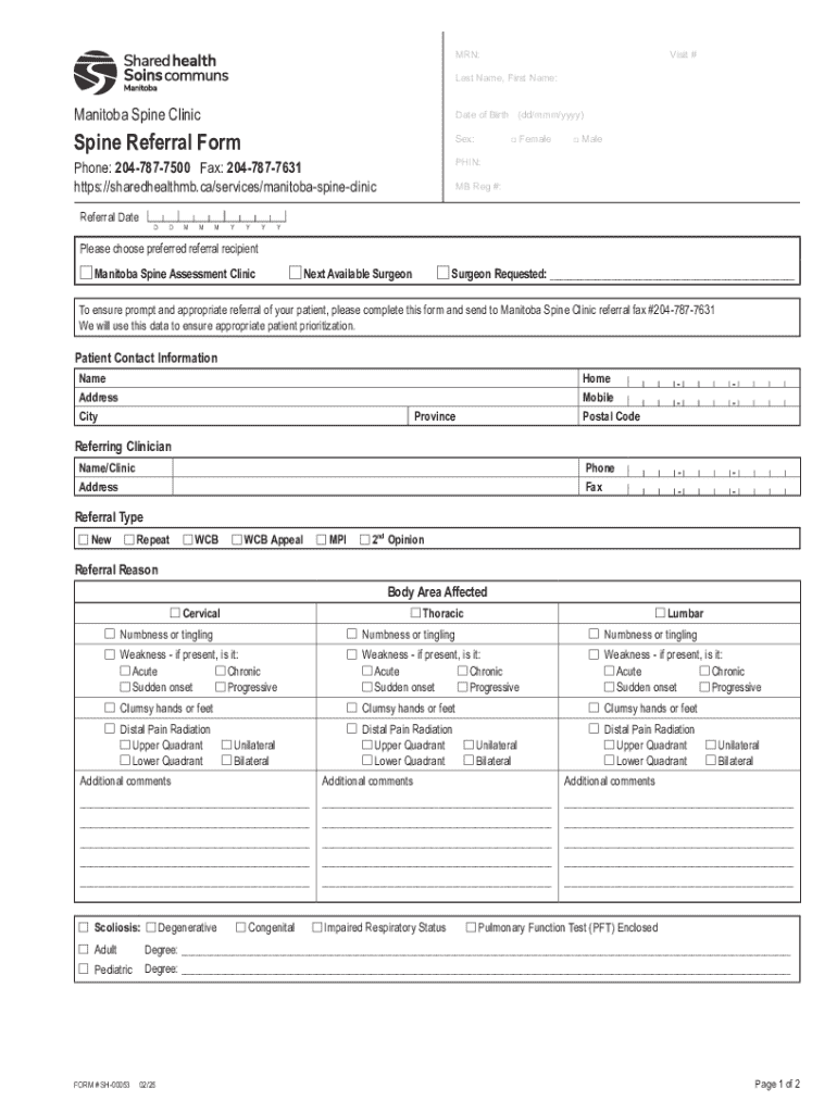 Fillable Online Manitoba Spine Clinic Referral Fax Email Print - pdfFiller