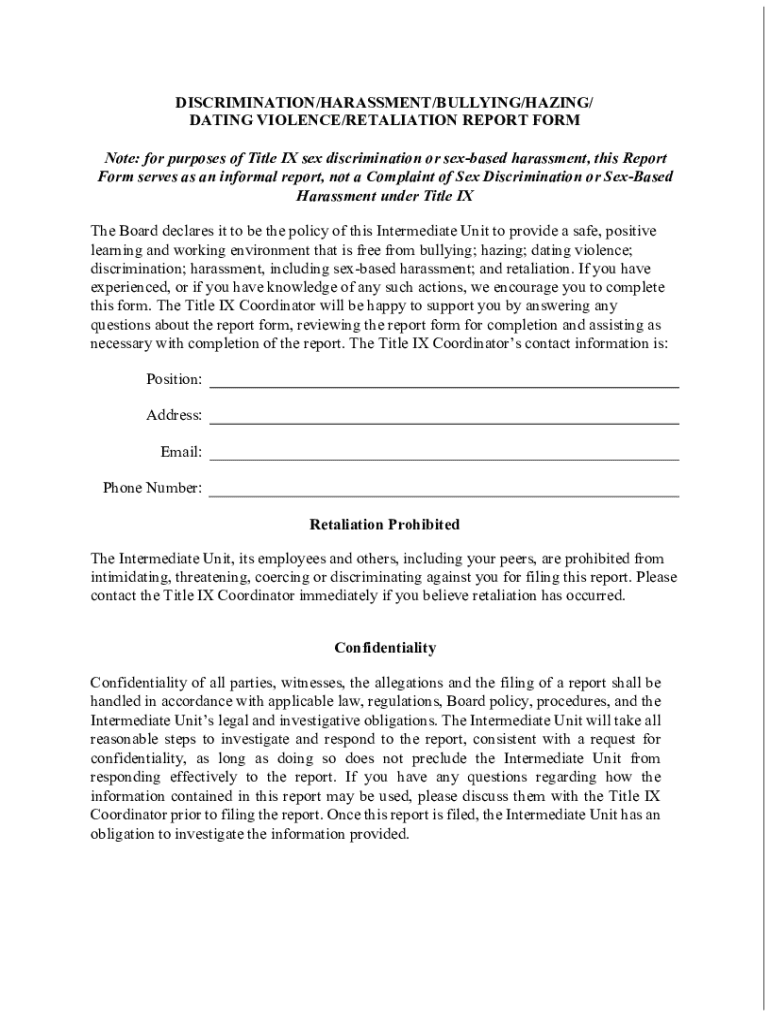 Fillable Online Discrimination, Harassment, Bullying, Hazing, Dating Violence, Retaliation ...