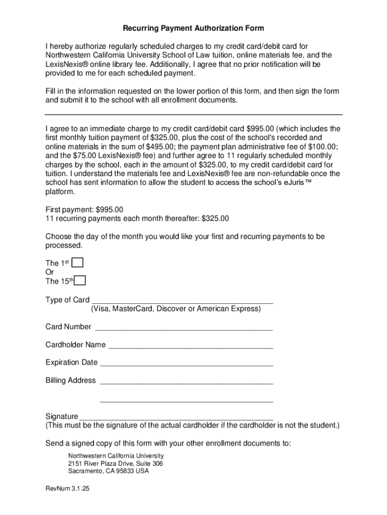 Fillable Online Recurring Payment Authorization for Tuition and Fees Fax Email Print - pdfFiller