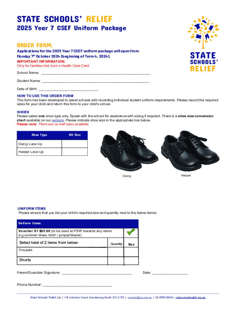Fillable Online 2025 Year 7 Csef Uniform Order Form Fax Email Print ...
