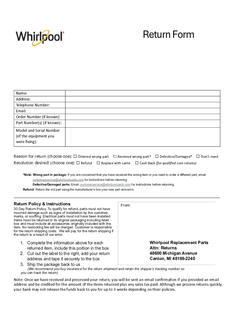 Fillable Online Return Form Fax Email Print - pdfFiller