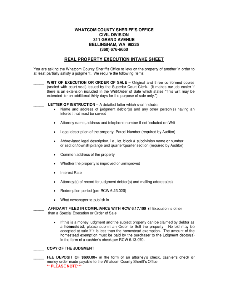 Fillable Online Real Property Execution Intake Sheet Fax Email Print ...
