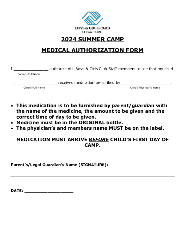 Fillable Online Summer Camp Medical Authorization Form Fax Email Print ...