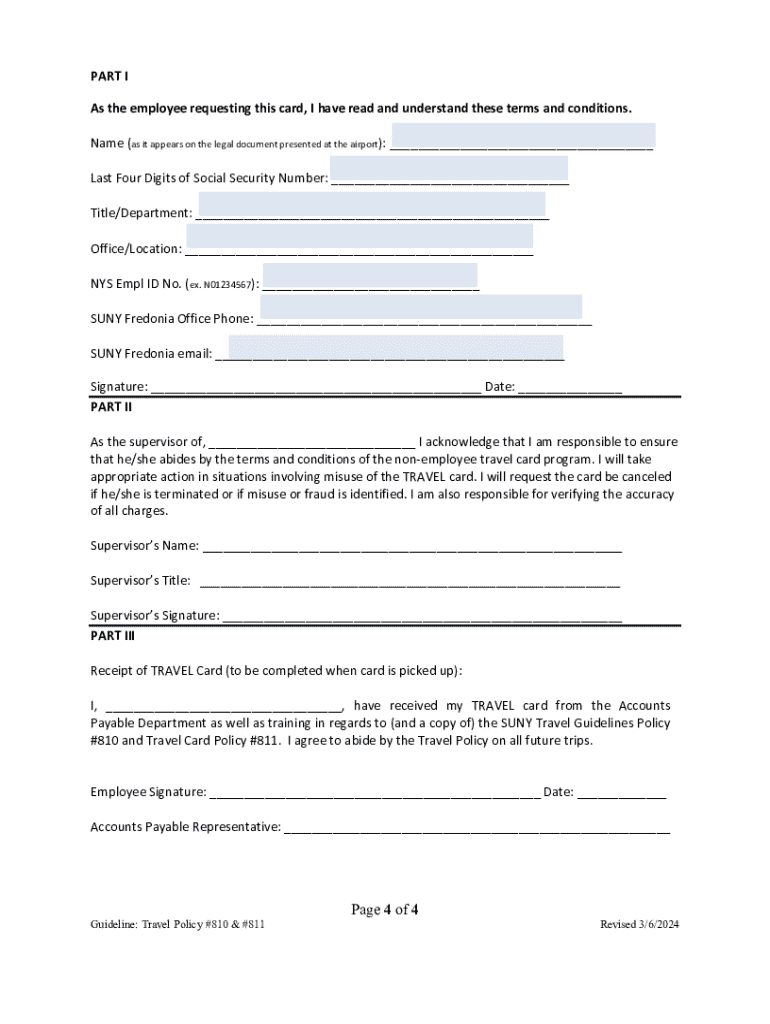 Fillable Online Travel Card Agreement and Acknowledgement Form Fax ...