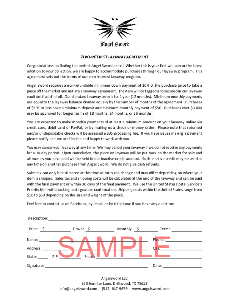 Fillable Online Zero-interest Layaway Agreement Fax Email Print - pdfFiller