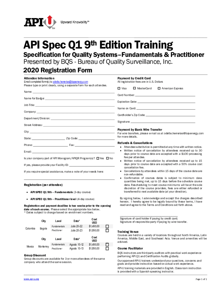 Fillable Online Api Spec Q1 9th Edition Training Registration Fax Email Print - pdfFiller