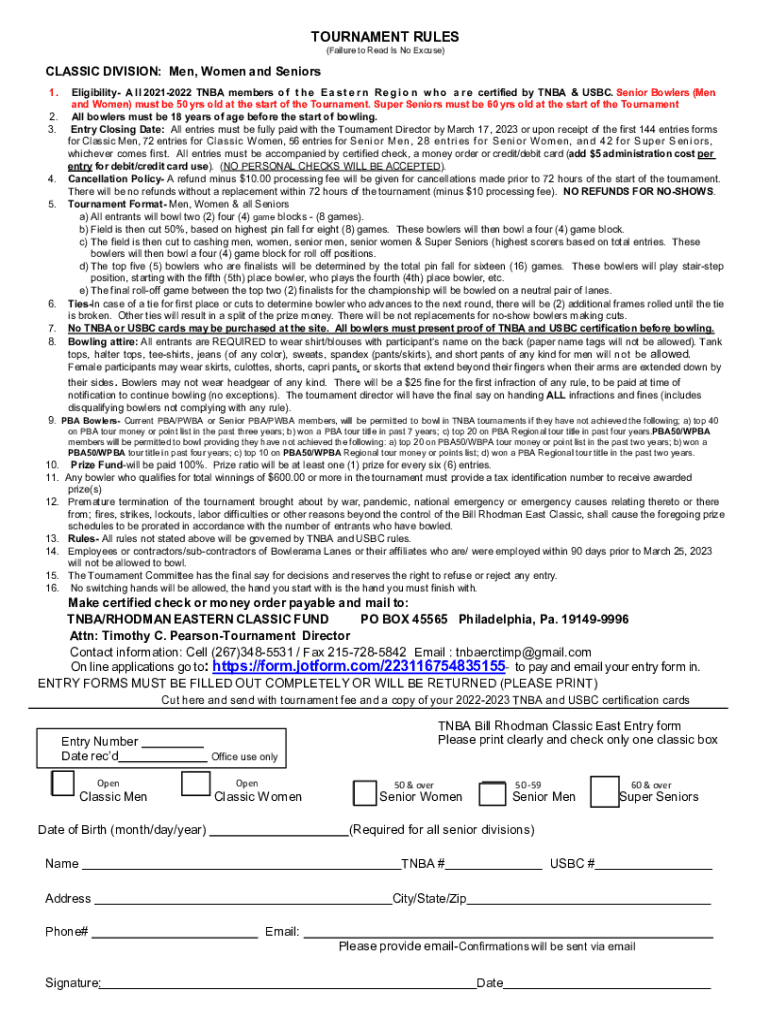 Fillable Online 45th Annual Tnba Bill Rhodman Memorial Singles Classic ...