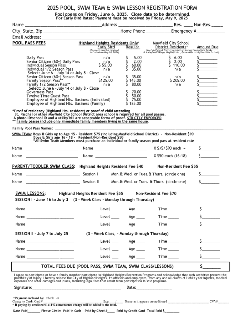 Fillable Online 2025 Pool, Swim Team & Swim Lesson Registration Fax ...