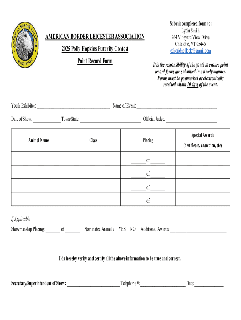 Fillable Online 2025 Polly Hopkins Futurity Contest Point Record Form ...