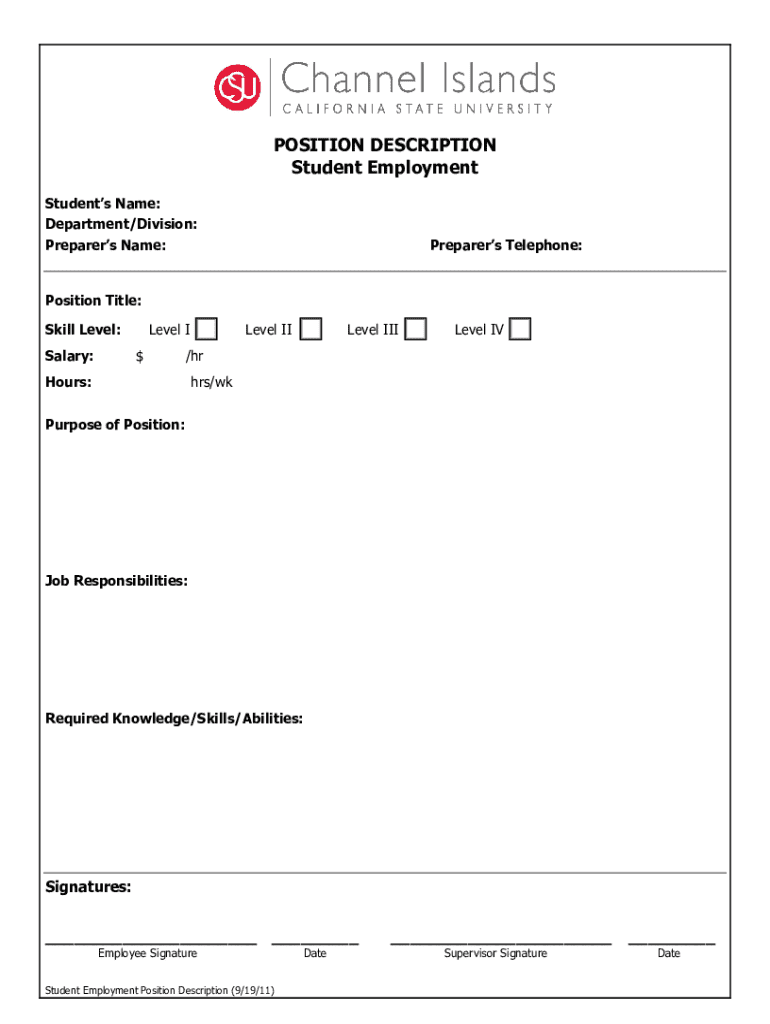 Fillable Online Student Employment Position Description Fax Email Print ...