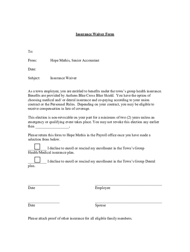 Fillable Online Insurance Waiver Fax Email Print - pdfFiller