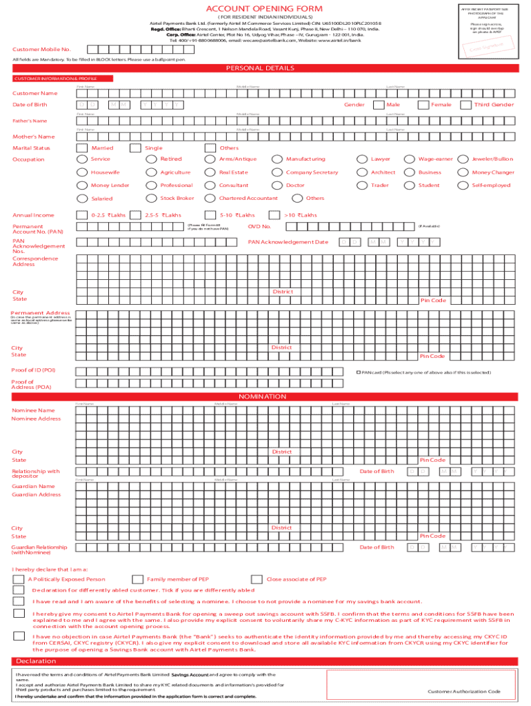 Fillable Online Account Opening Form for Airtel Payments Bank Fax Email ...