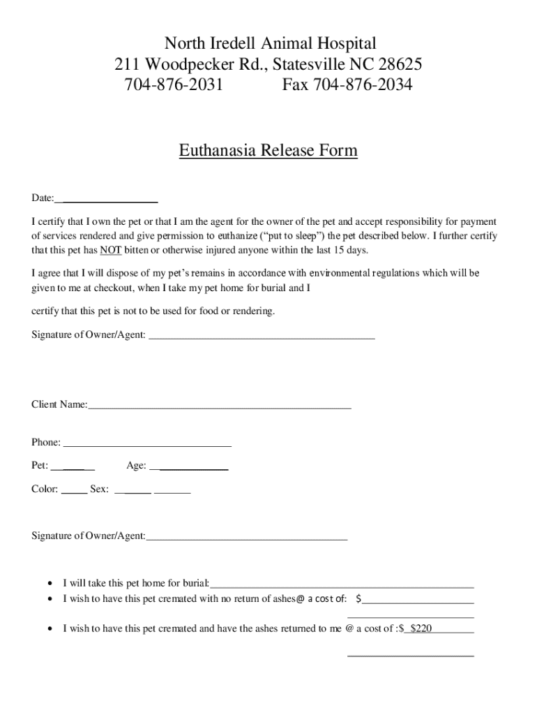 Fillable Online Euthanasia Release Form Fax Email Print - pdfFiller